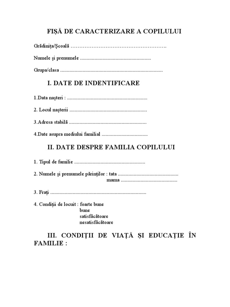 Fisa de Caracterizare A Copilului Prescolar | PDF