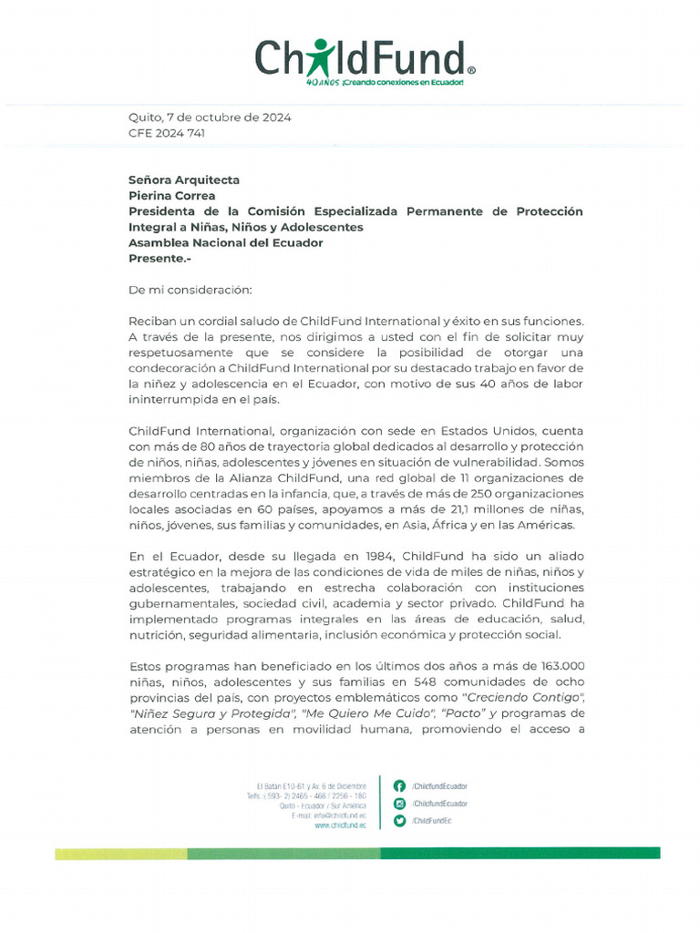 ChildFund - Oficio CFE 2024 741 | PDF