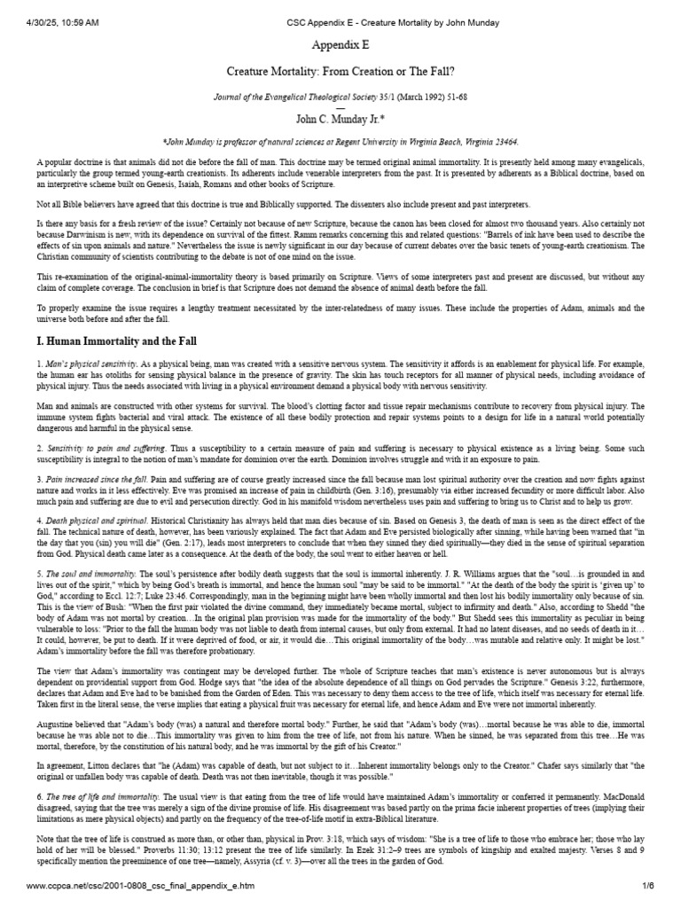 CSC Appendix E - Creature Mortality by John Munday | PDF | Creationism | Adam