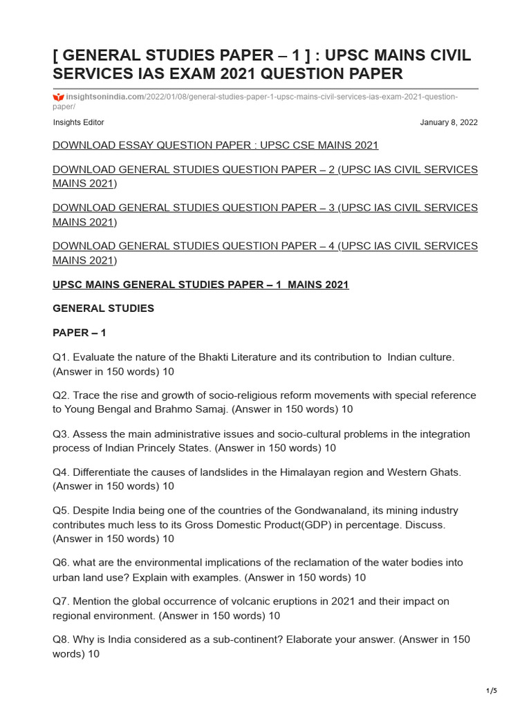 General Studies Paper 1 Upsc Mains Civil Services Ias Exam 2021 ...