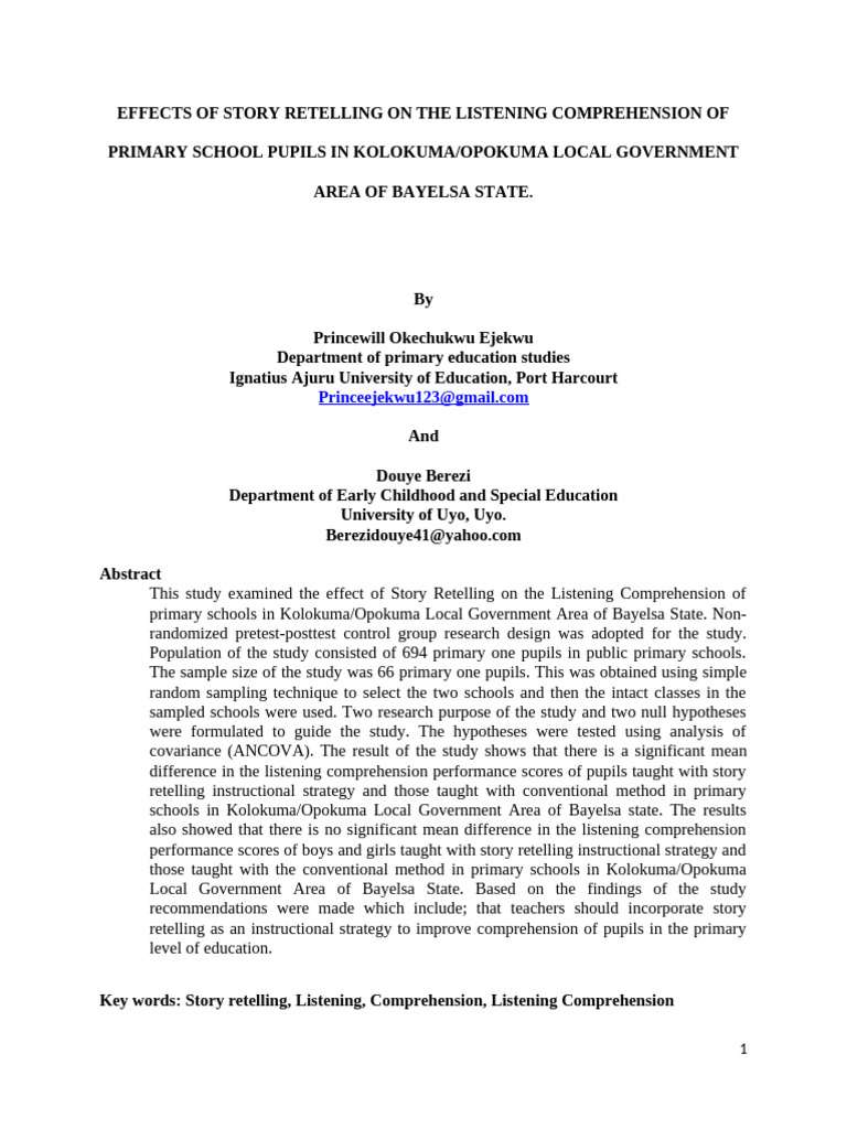 STORYRETELLINGANDLISTENINGCOMPREHENSIONOFPRIMARYSCHOOLPUPILS | PDF | Reading Comprehension ...