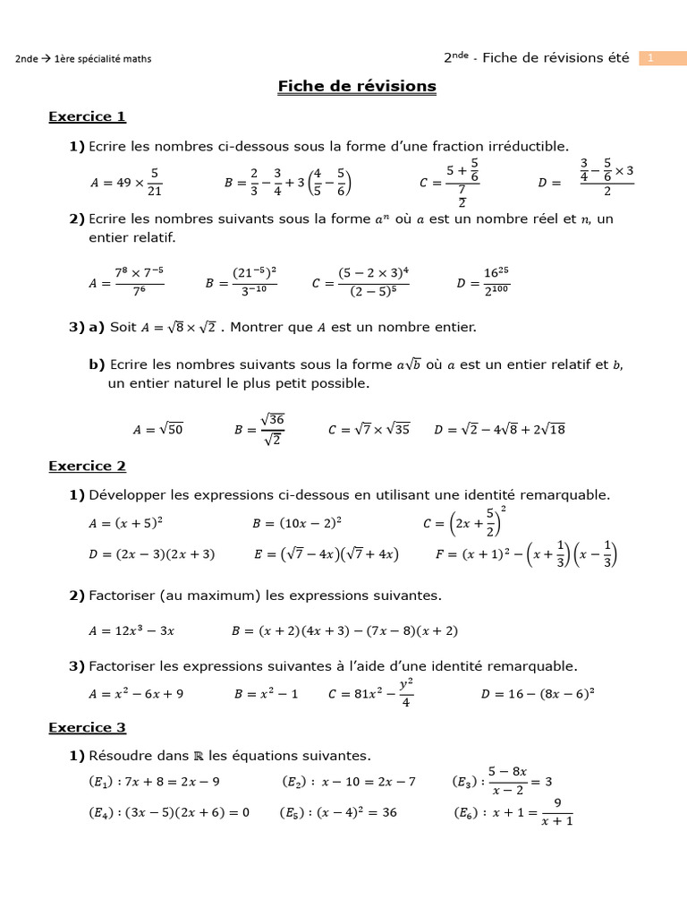 Fiche de révisions maths seconde | PDF | Algèbre | Mathématiques ...