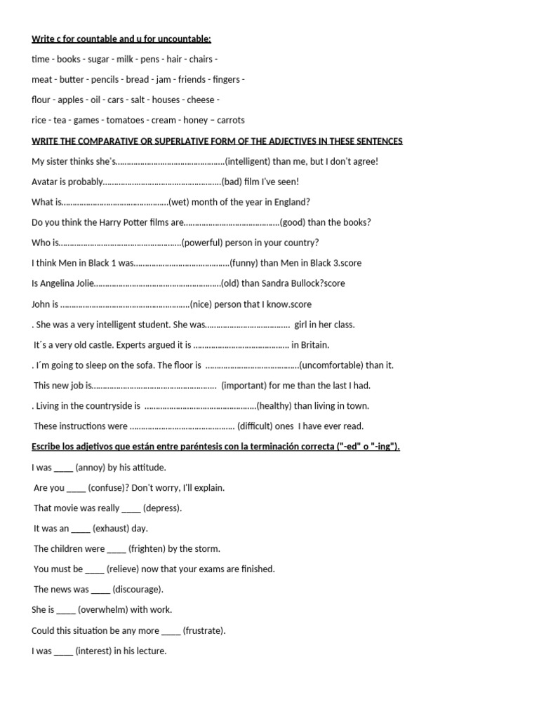 Write c for countable and u for uncountable | PDF