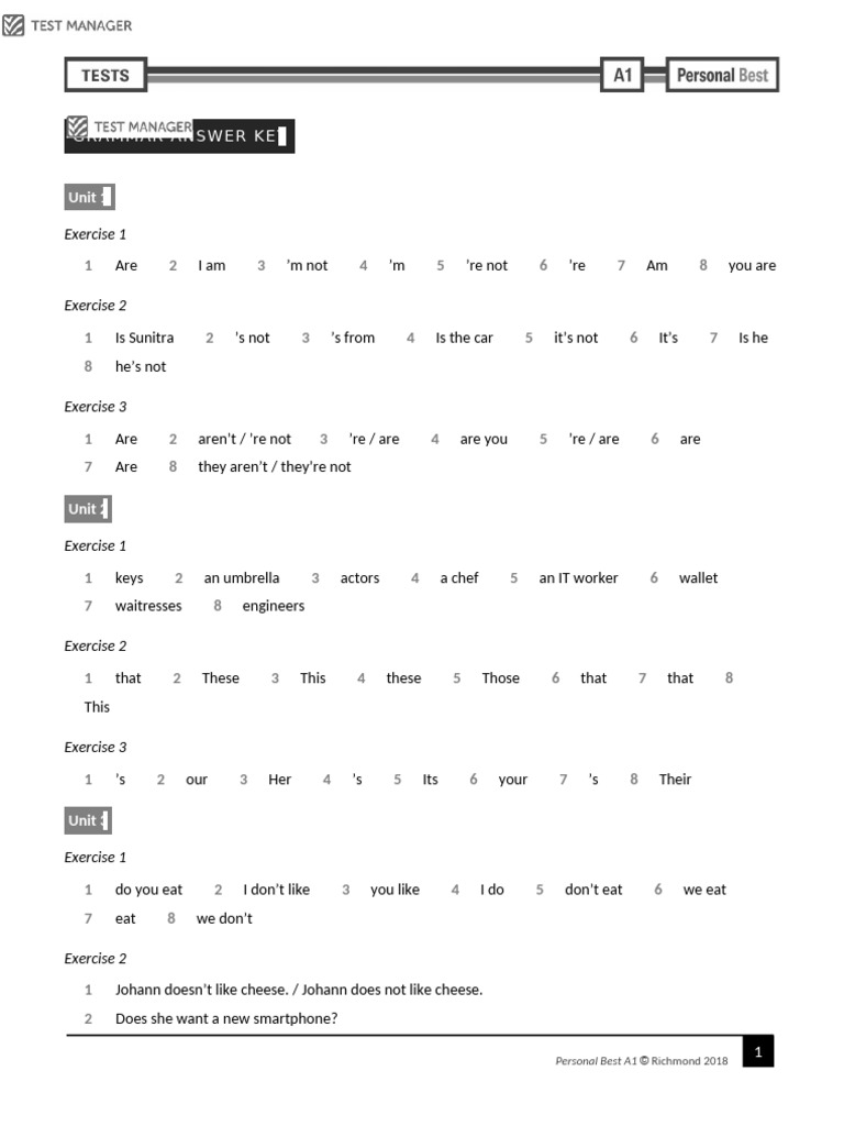 Personal Best A1 Grammar Key | PDF