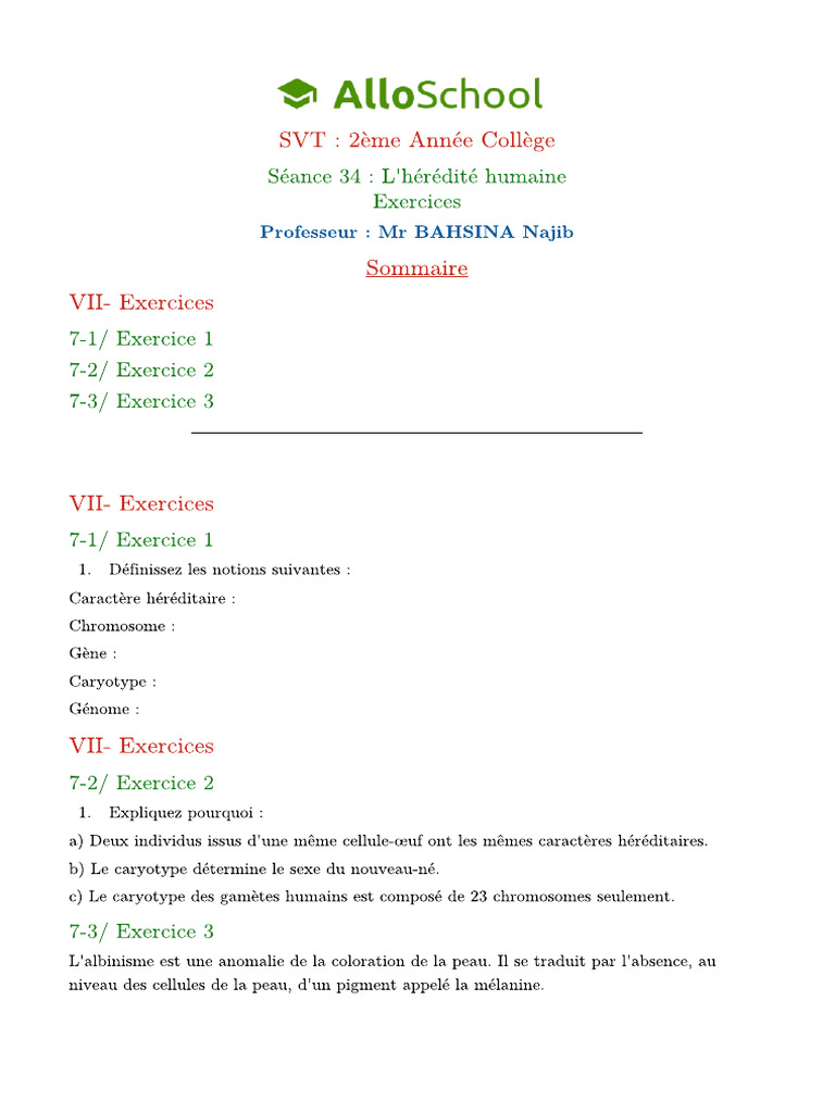 seance-34-l-heredite-humaine-exercices-1 | PDF