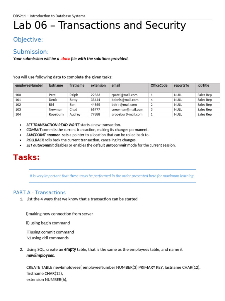DBS211 Lab06 Transactions | PDF | Database Transaction | Table (Database)