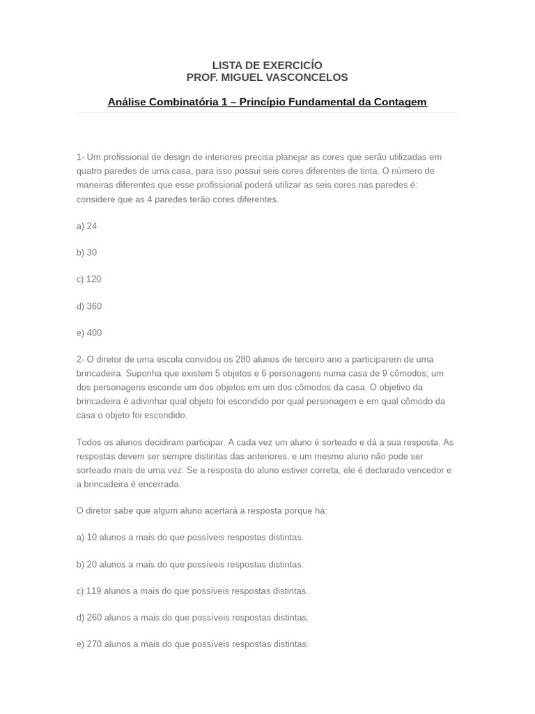 Lista de Exercicío Analise Combinatoria-Contato 2 | PDF | Combinatória