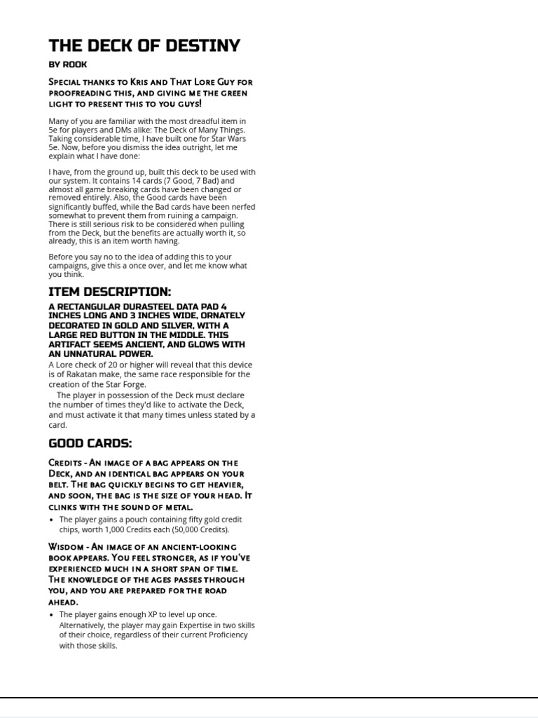 SW5e The Deck of Destiny - GM Binder | PDF