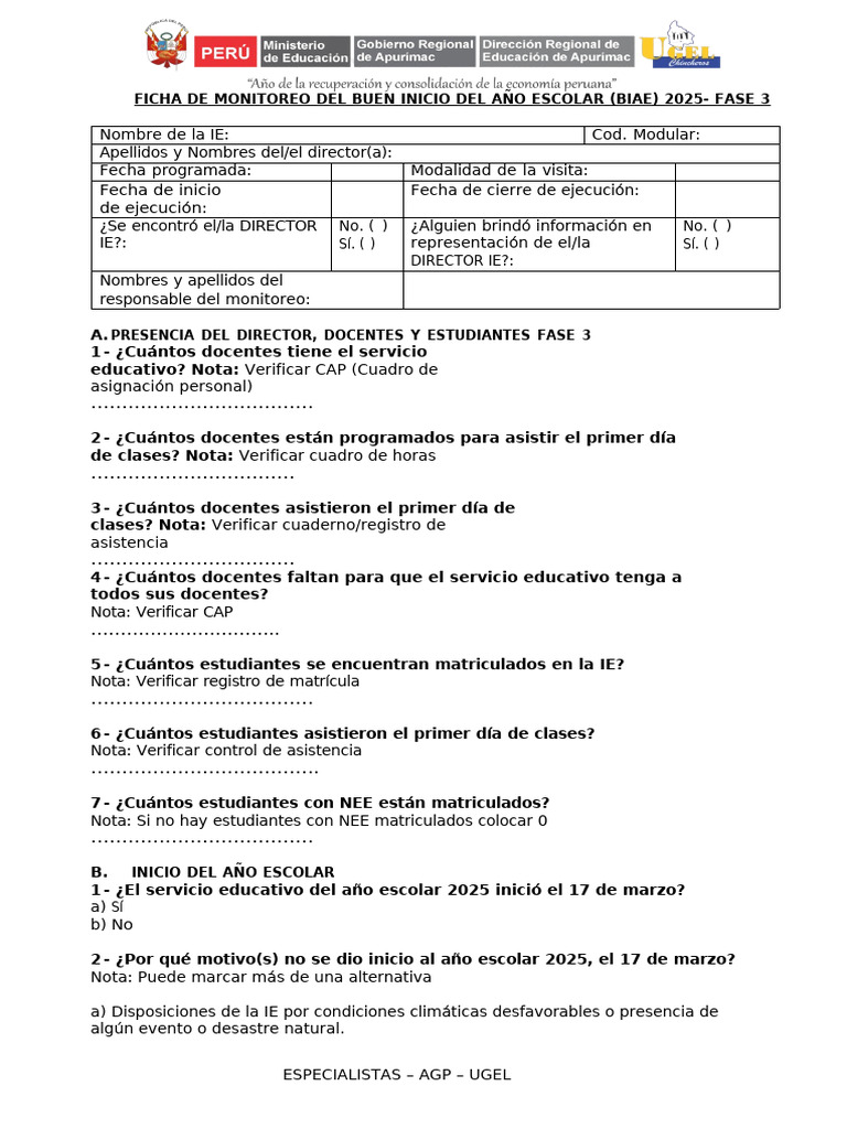 Ficha de Monitoreo Biae PM 246-2025-Fase 3 Especialistas Agp Ugelch | PDF