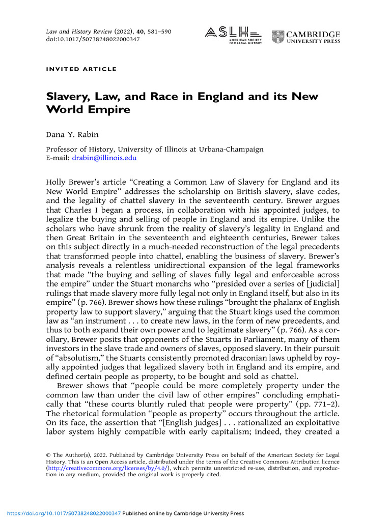 Slavery Law and Race in England and Its New World Empire | PDF ...