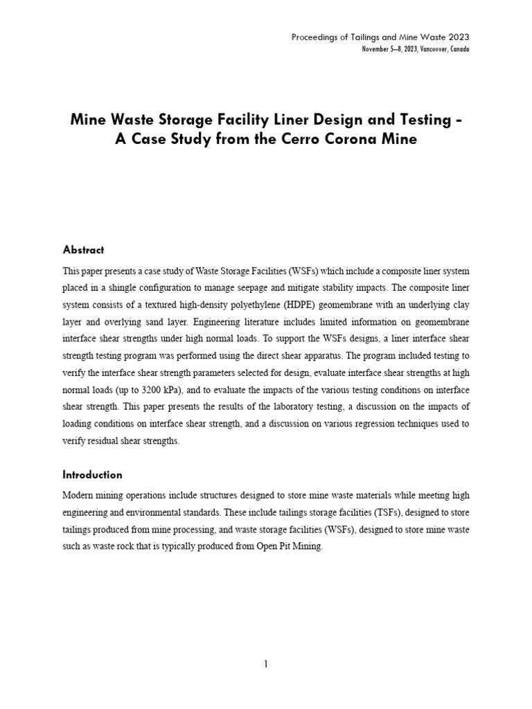Mine Waste Storage Facility Liner Design and Testing - A Case Study ...