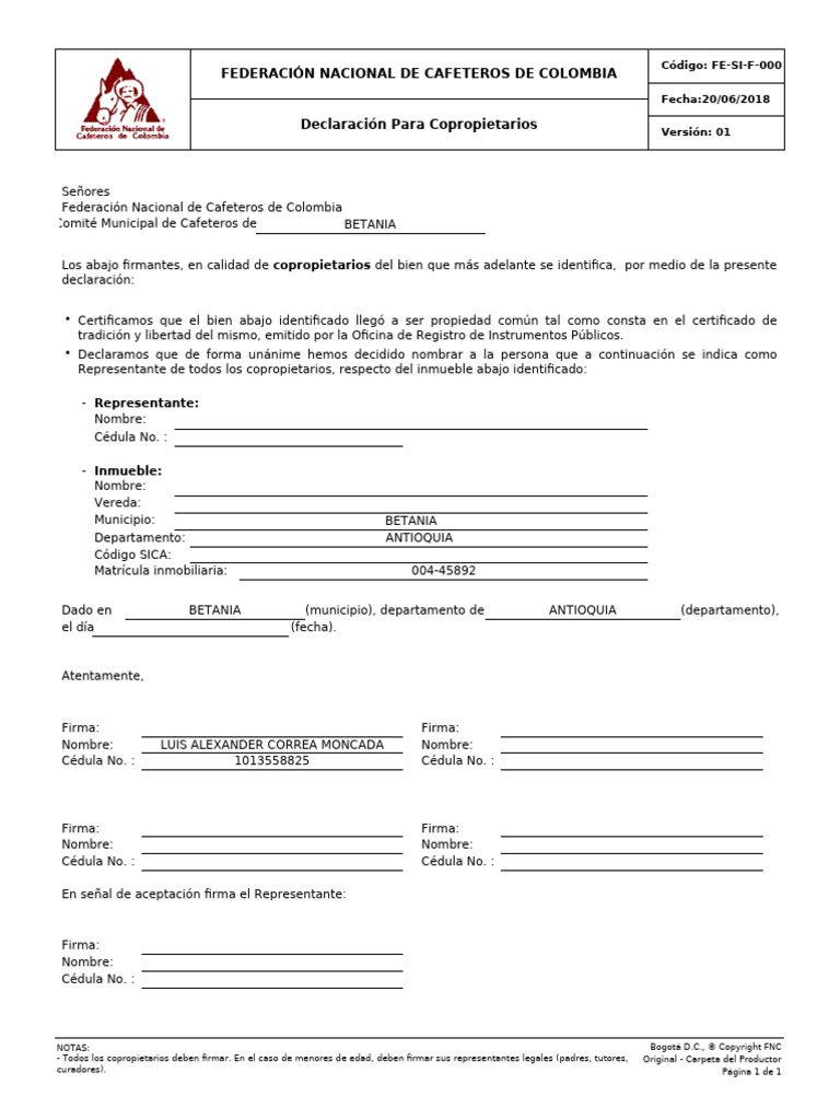 Fe-Si-F-0004 - Declaracion para Copropietarios (201806) 00 | PDF