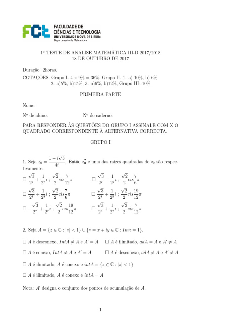 1º Teste Am3d 1ºS 2017-2018 | PDF