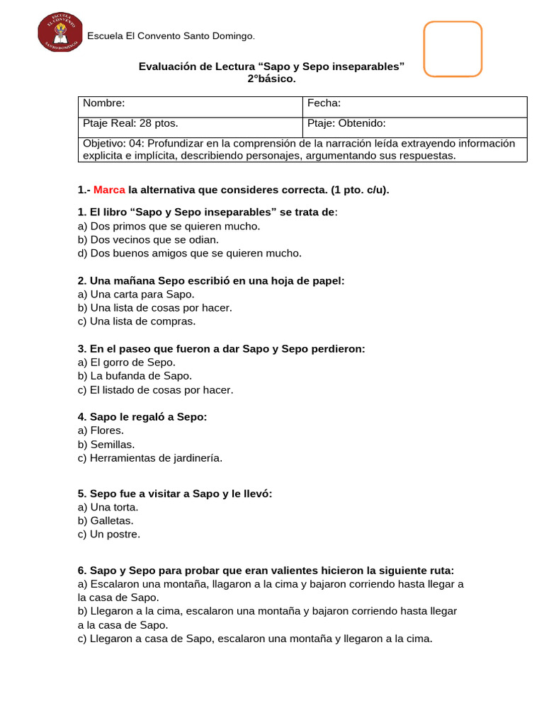 Evaluación de Lectura: Sapo y Sepo | PDF