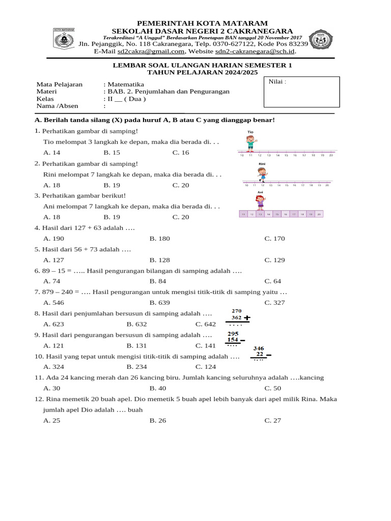 Soal Uh 2 MTK Bab 2 Kls 2 SMT 1 | PDF