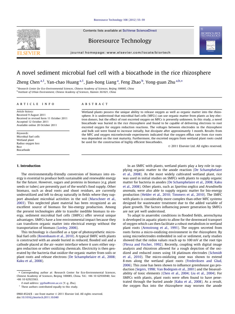 A Novel Sediment Microbial Fuel Cell With A Biocathode in The Rice ...