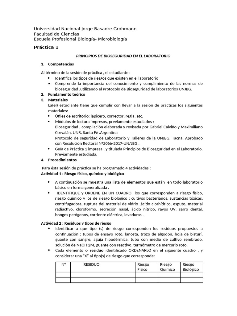 PRÁCTICA 1 Bioseguridad en el Laboratorio | PDF | Laboratorios | Biología