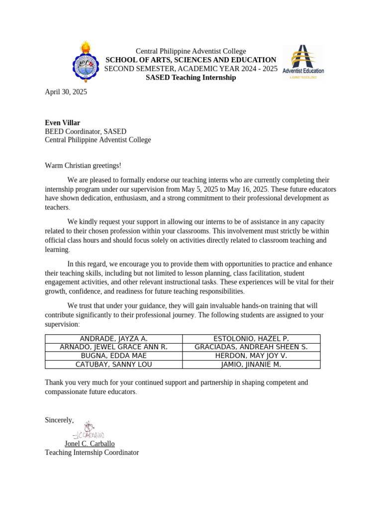 Teaching Interns ENDORSEMENT | PDF | Teachers | Educational Personnel