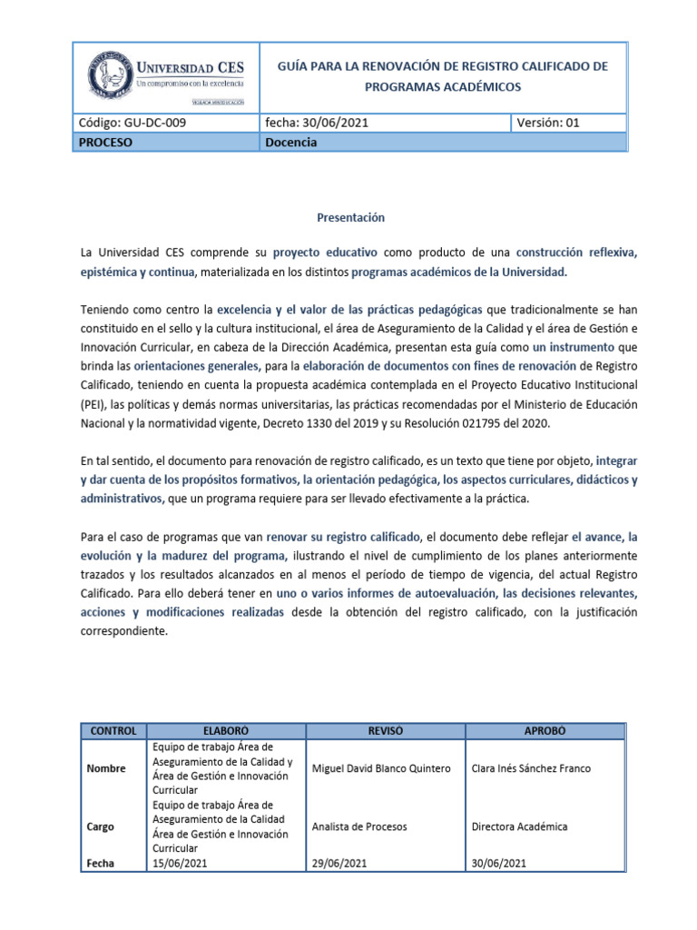 GU DC 009 Guia para La Renovacion de Registro Calificado de Programas Academicos v01 | PDF ...