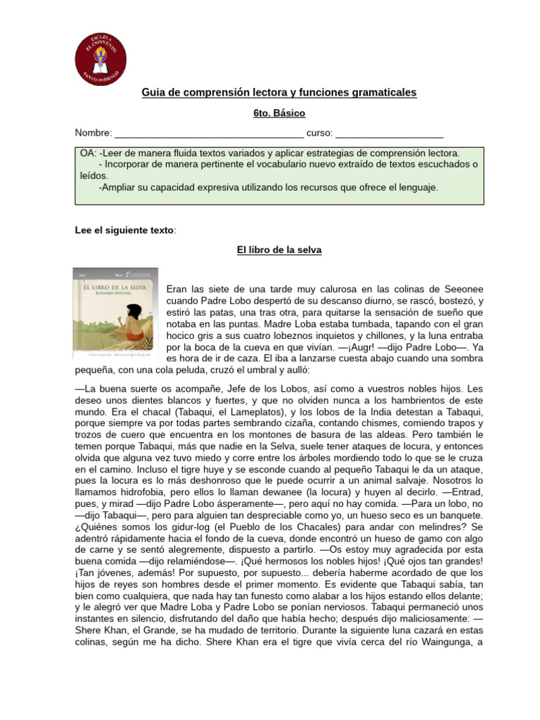 Guia de Comprensión Lectora y Funciones Gramaticales | PDF | Predicado ...