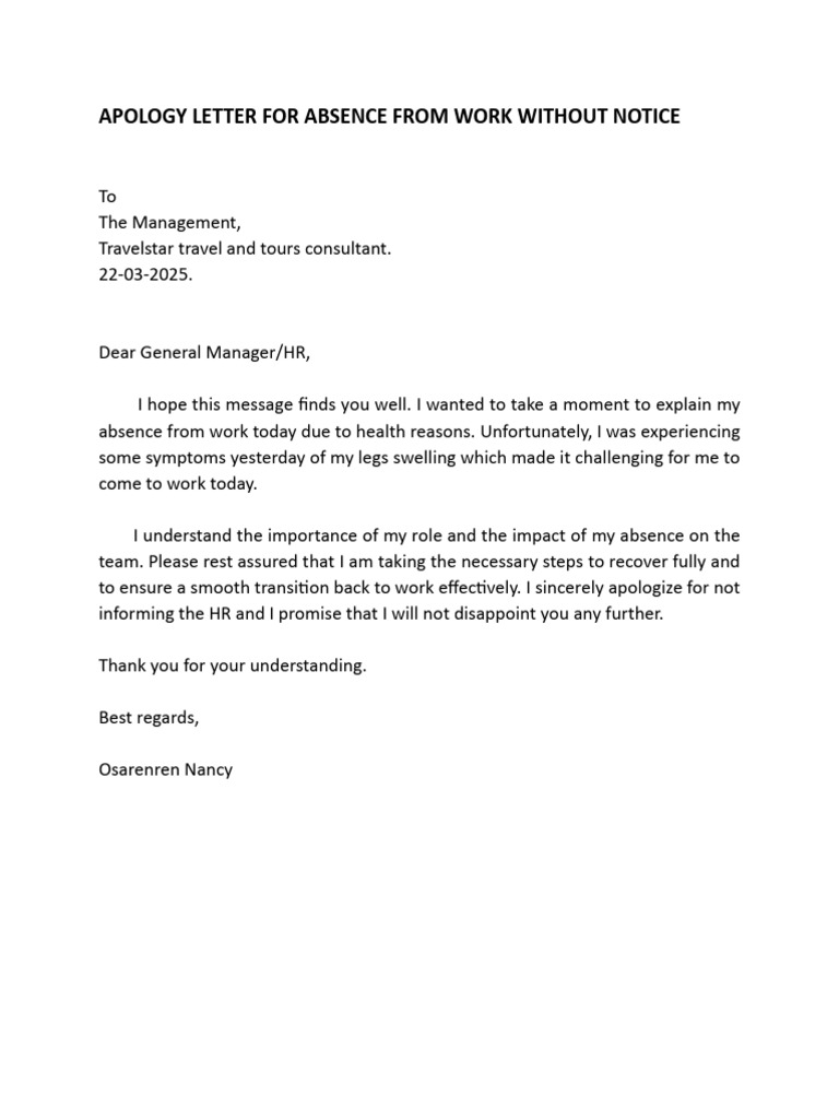Apology Letter For Absence From Work Without Notice | PDF