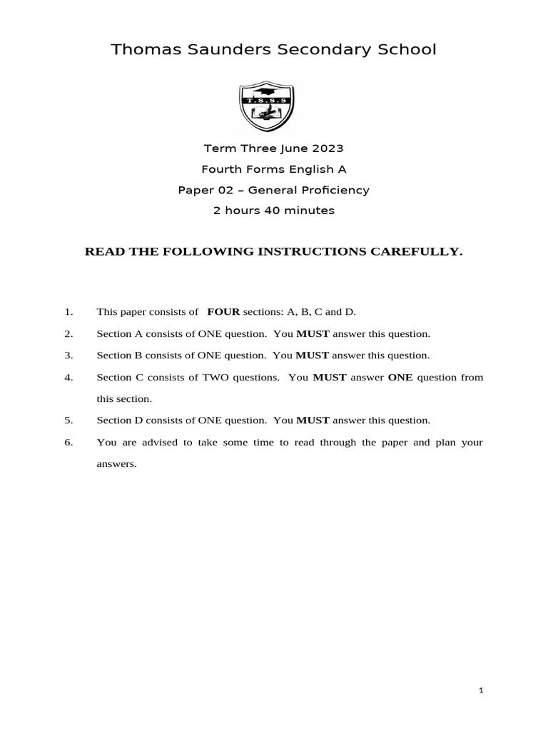 Thomas Saunders Secondary School Form 4 English Long Paper 2023 | PDF ...