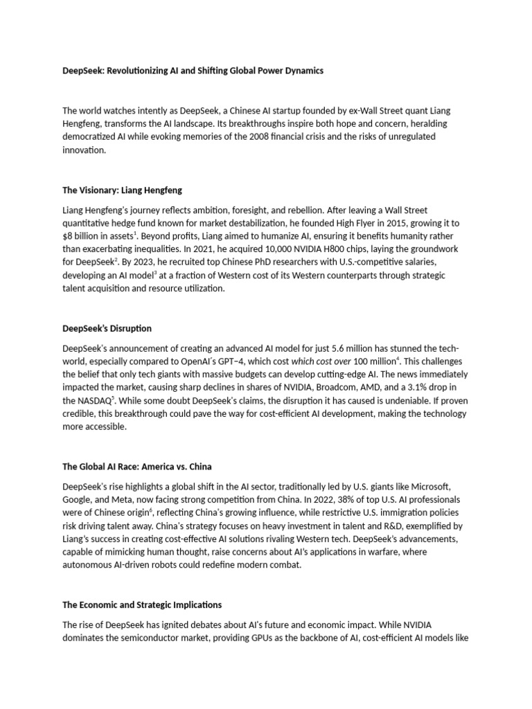 Deepseek Revolutionizing Ai And Shifting Global Power Dynamics Pdf Artificial Intelligence