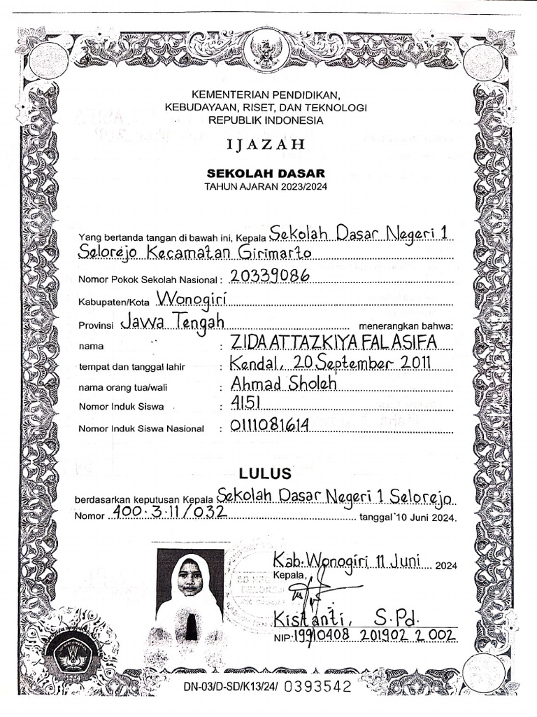09. Ijazah 2023-2024 - SDN 1 Selorejo | PDF