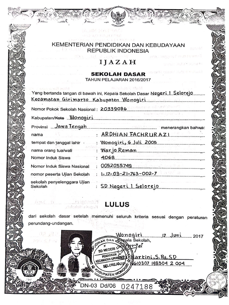 09. Ijazah 2016-2017 - SDN 1 Selorejo | PDF
