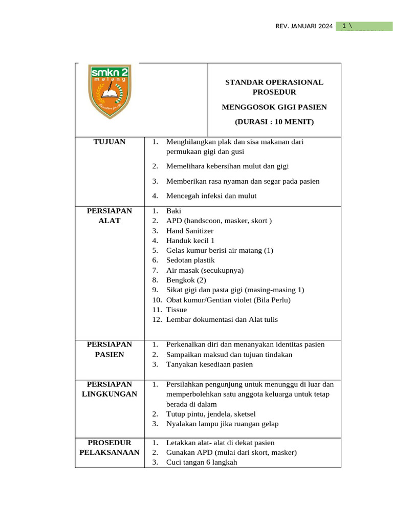 Sop Melakukan Personal Hygiene Menggosok Gigi | PDF