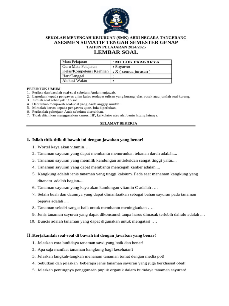 Soal Asts Genap Prakarya - Kelas 10 ( Semua Jurusan ) - 2025 | PDF