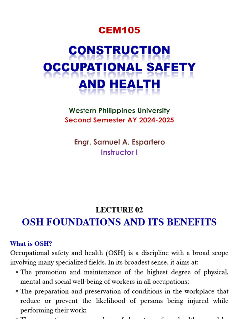 CEM105 Lecture 02 OSH Foundation and Its Benefits 1 | PDF ...