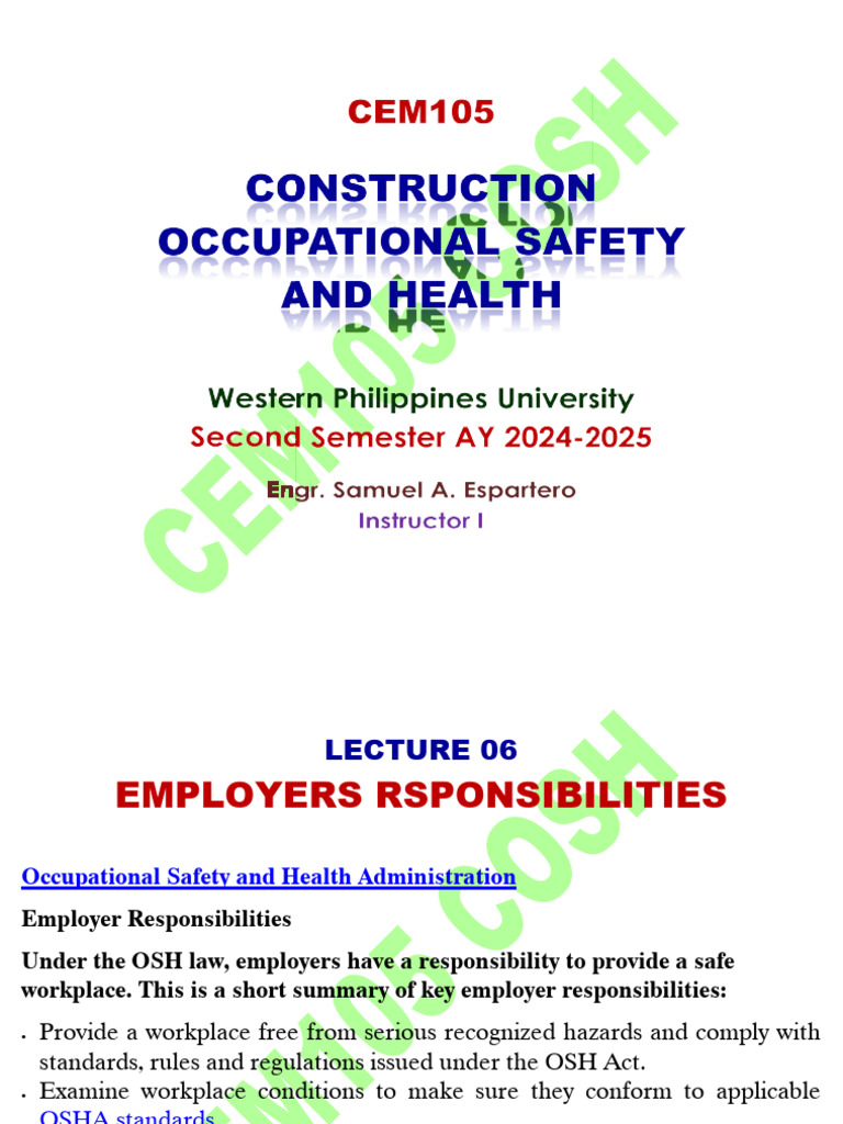 CEM105 Lecture 06a Employers Responsibilities 1 | PDF | Occupational ...