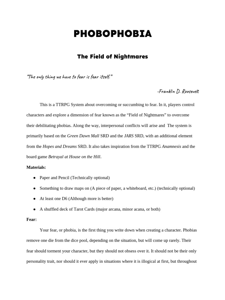 PHOBOPHOBIA - The Field of Nightmares | PDF | Fear | Tabletop Games