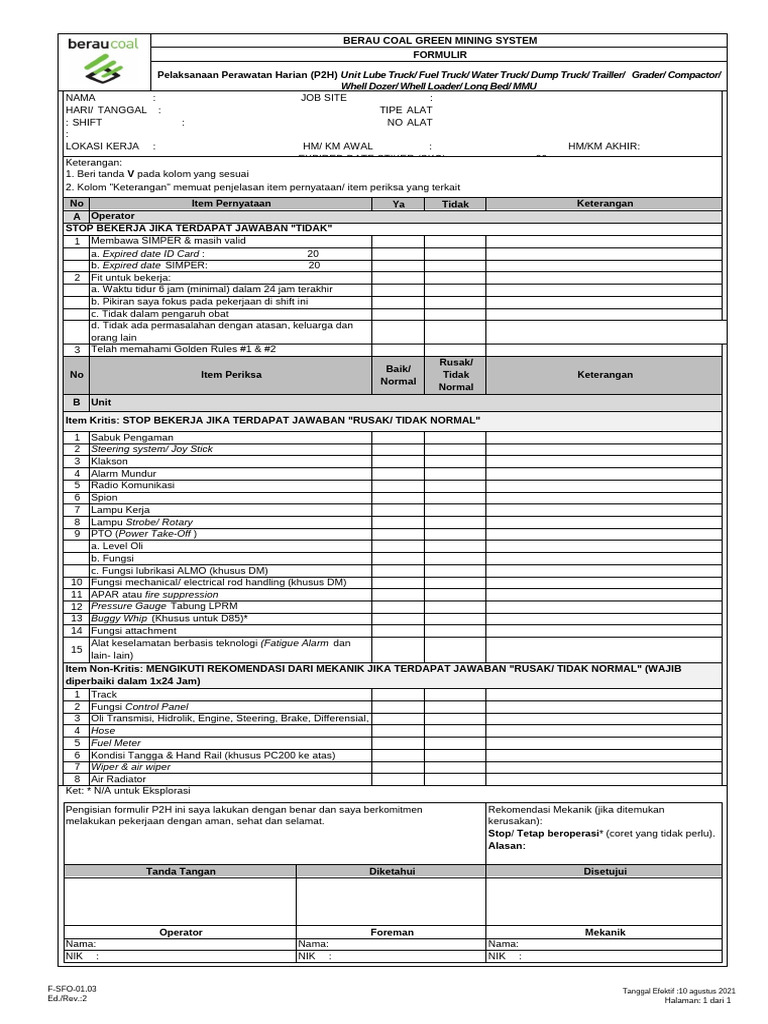 Formulir P2H Perawatan Alat Berat | PDF