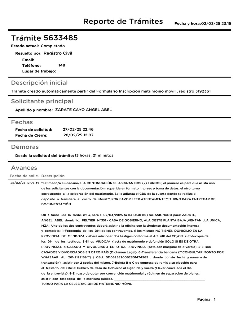 Reporte de Matrimonio Móvil Zárate Abel | PDF | Instituciones sociales ...
