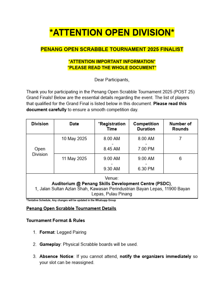 (Open Division Finalist) Penang Open Scrabble Tournament | PDF
