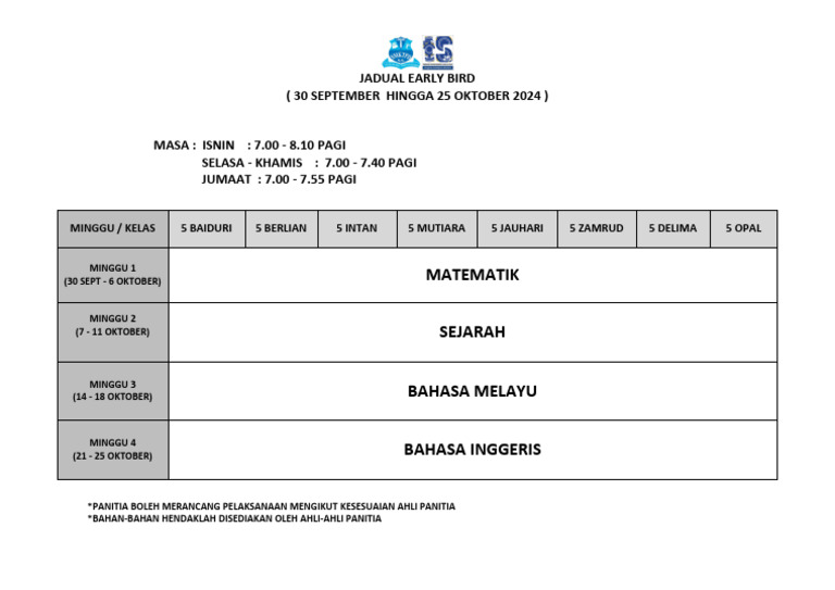 JADUAL EARLY BIRD | PDF