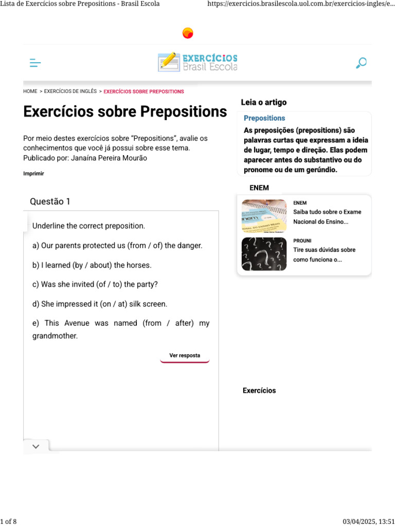 Exercícios de Preposições em Inglês | PDF | Unidades semânticas ...