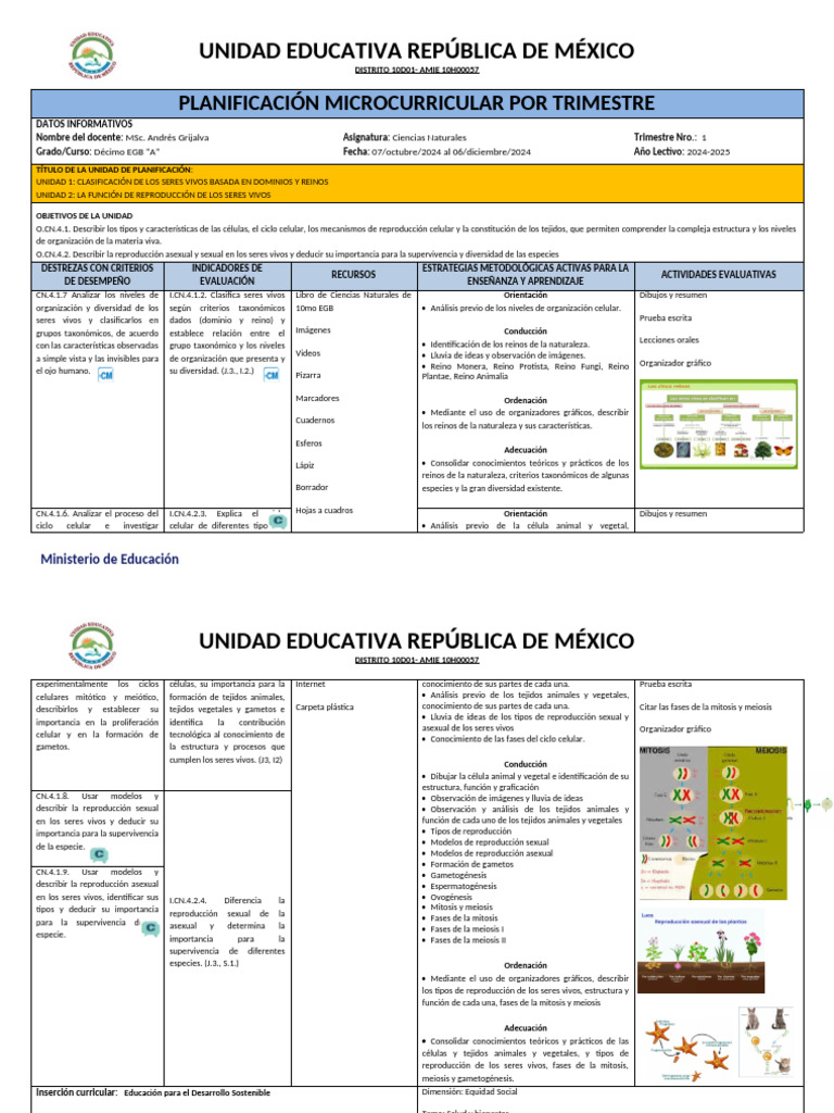 A. Planificacion Microcurricular Trimestral 10mo CCNN | PDF | Reproducción | Mitosis