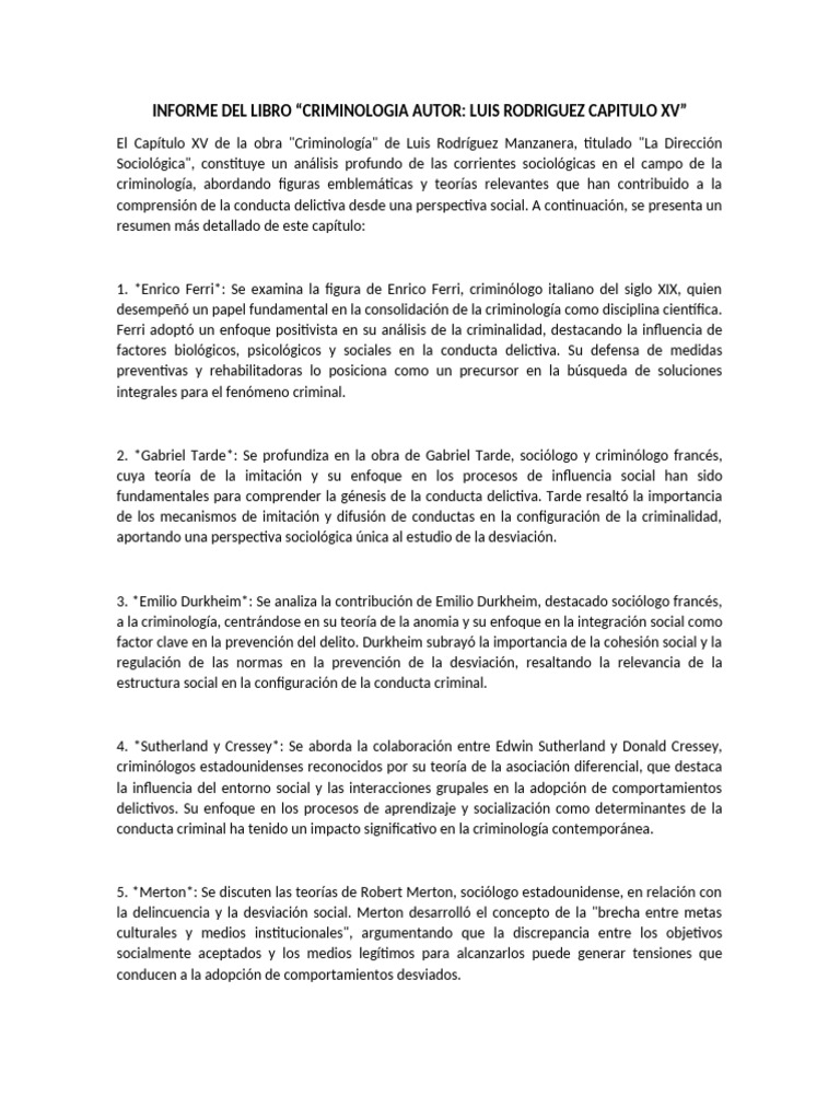 Informe Del Libro Criminologia Capitulo Xv | PDF | Criminología | Sociología