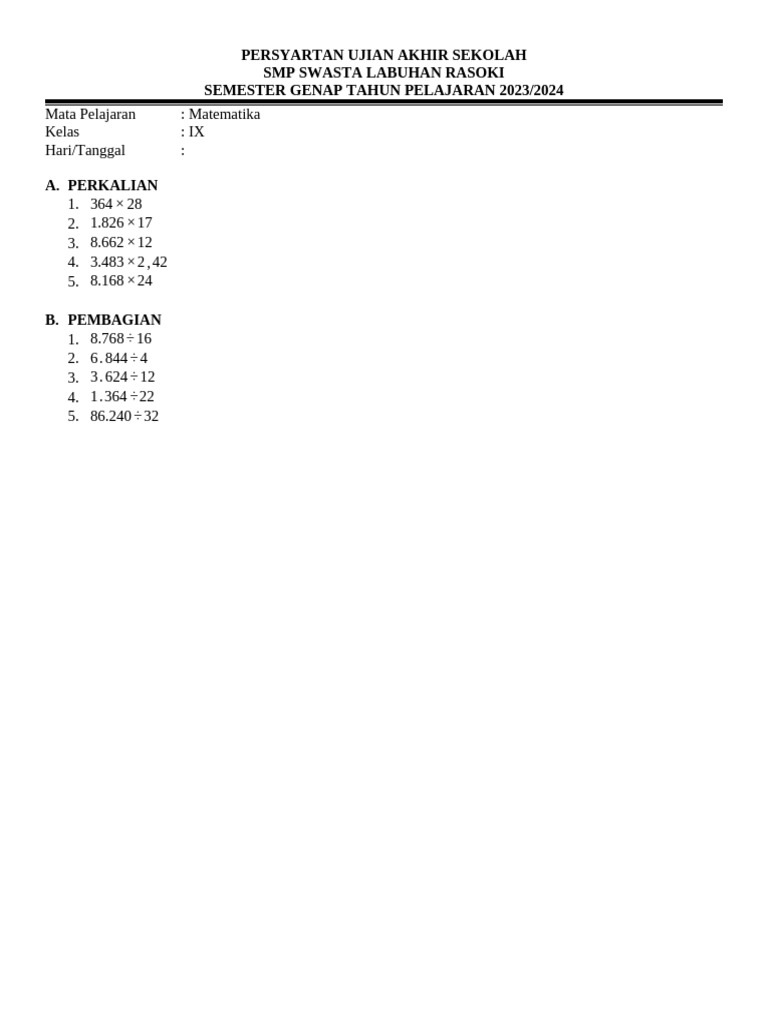 Soal Uas MTK Perkalian Dan Pembagian Kelas Ix | PDF