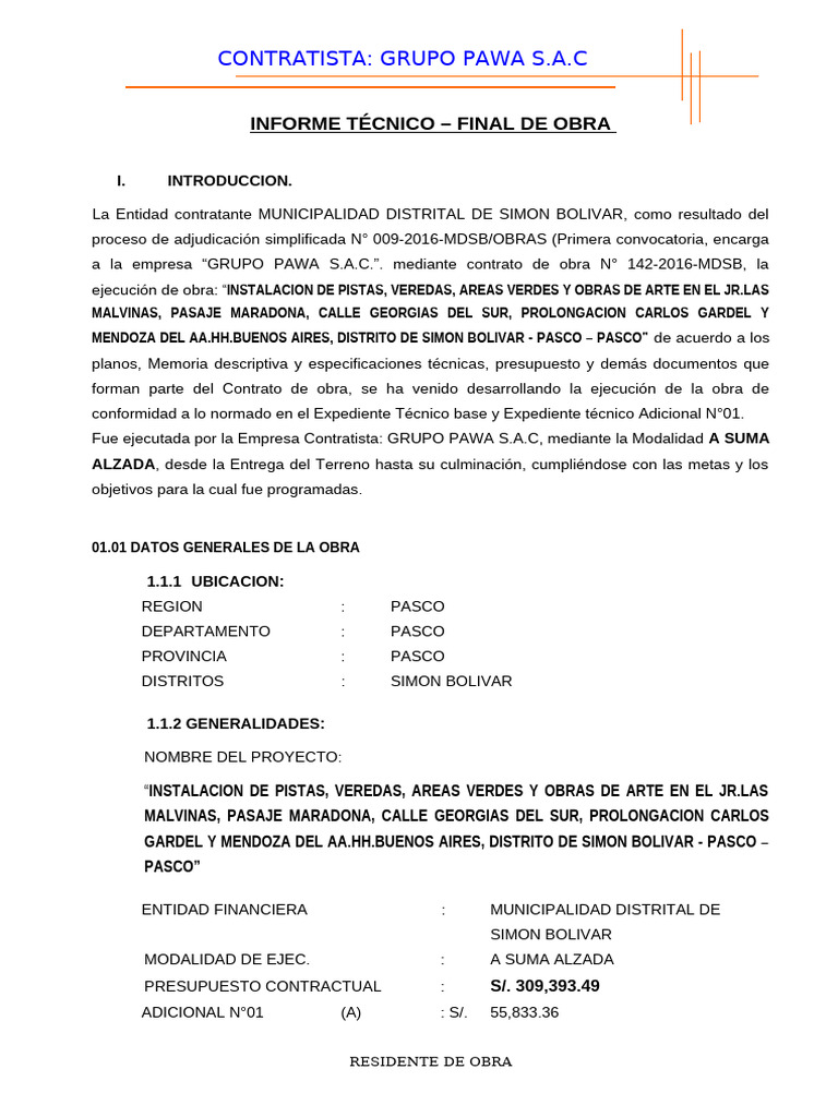 Informe Final de Obra en Simón Bolívar | PDF | Hormigón | Ingeniero civil