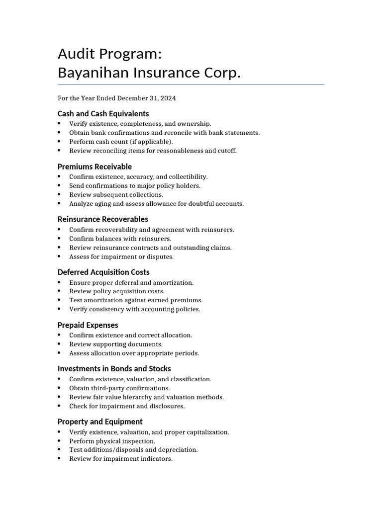 Audit Program Bayanihan Insurance 2024 | PDF | Insurance | Valuation ...