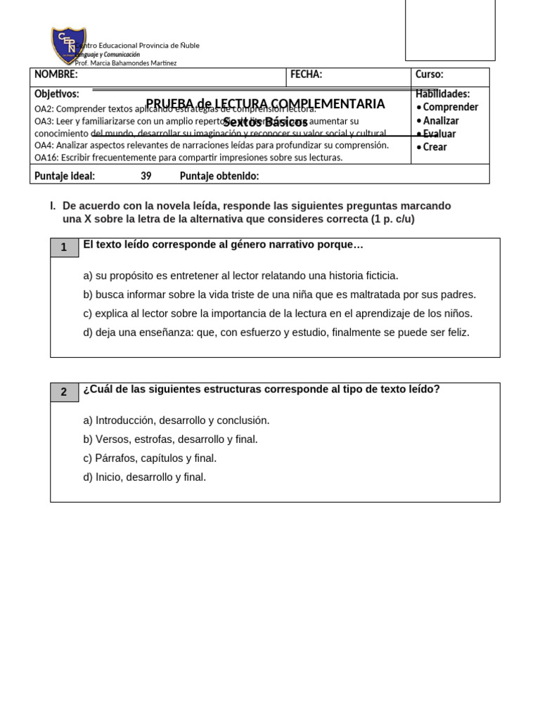6° LENG - Prueba Matilda | PDF