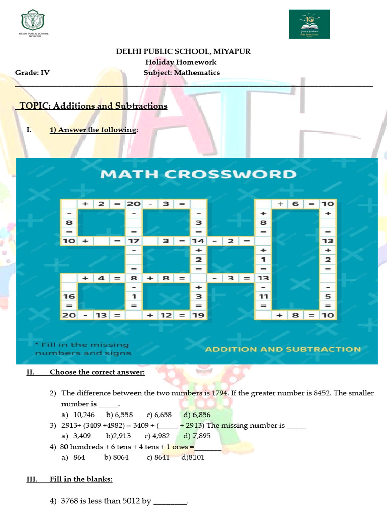1. Addition and Subtractions, G4 HOLIDAY HOMEWORK.docx | PDF
