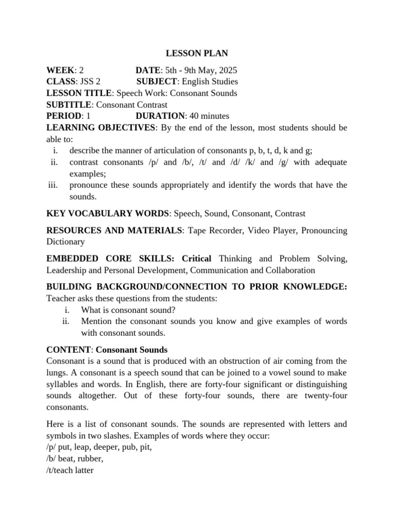 English Studies JSS 2 Week 2 Period 1 and 2 | PDF | Consonant | English Language