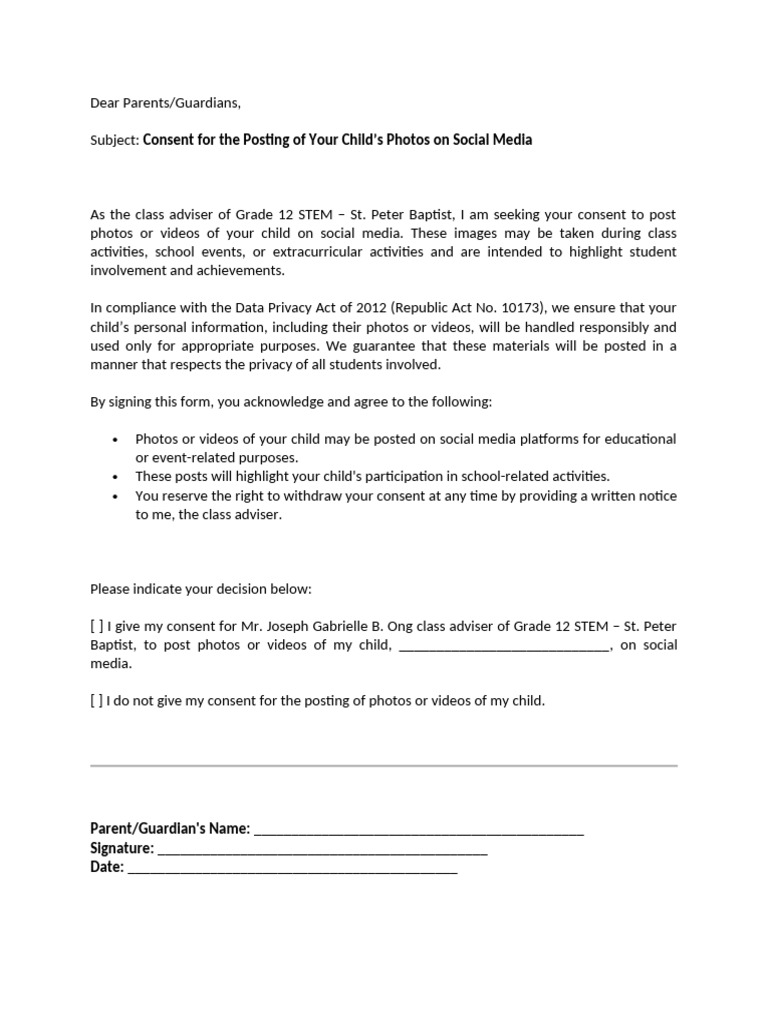 Consent For The Posting of Your Child's Photos On Social Media | PDF