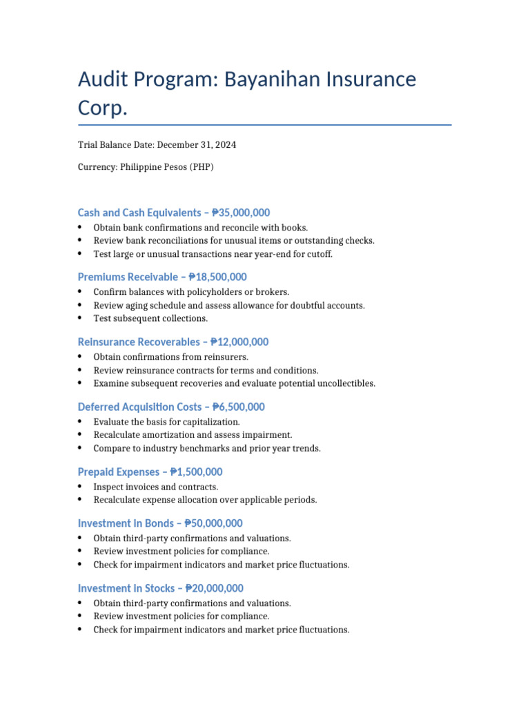 Audit Program Bayanihan Insurance | PDF | Insurance | Accounts Payable