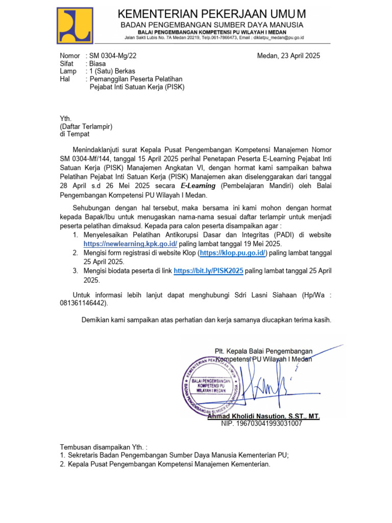 Pemanggilan Peserta Pelatihan PISK | PDF